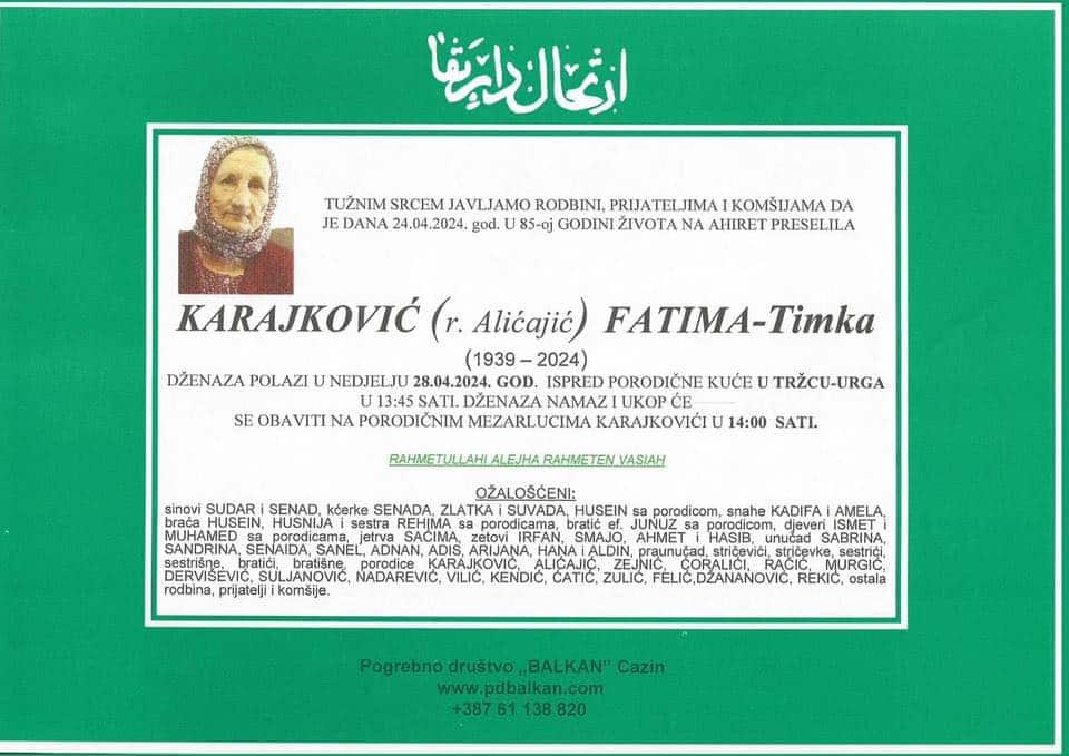 Na Ahiret preselila Karajković (r. Alićajić) Fatima – Timka