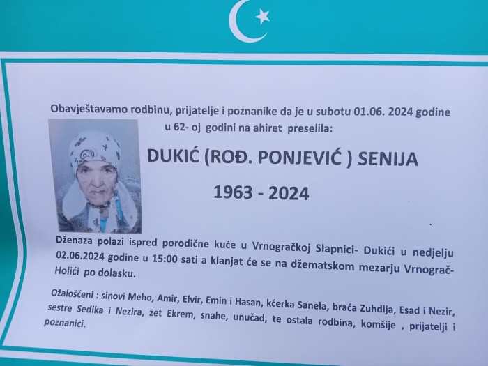Na Ahiret preselila Dukić (rođ. Ponjević) Senija