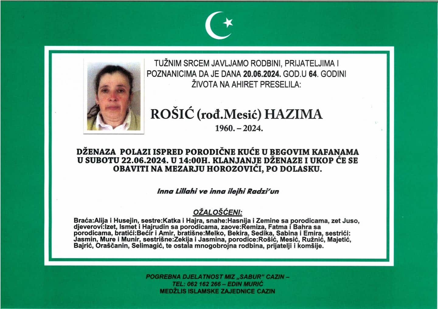 Na Ahiret preselila Rošić (rođ. Mehić) Hazima