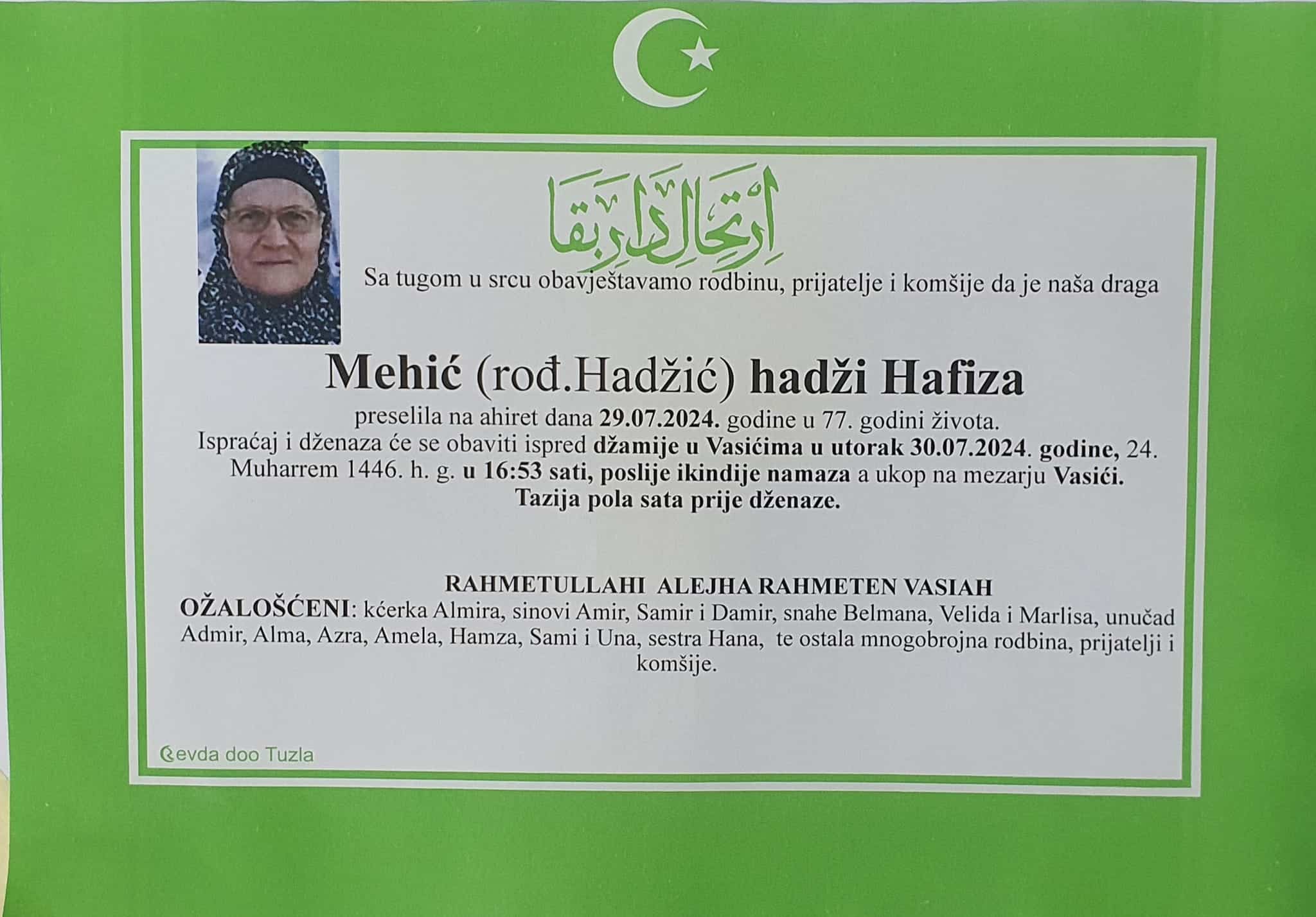 Na Ahiret preselila Mehić (rođ.Hadžić) hadži Hafiza