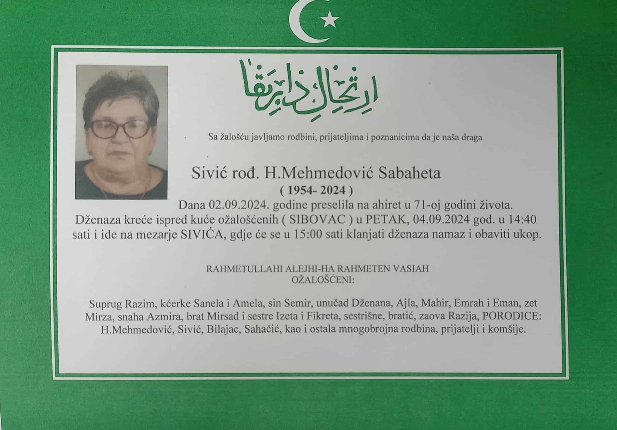 Na Ahiret preselila Sivić rođ. H.Mehmedović Sabaheta